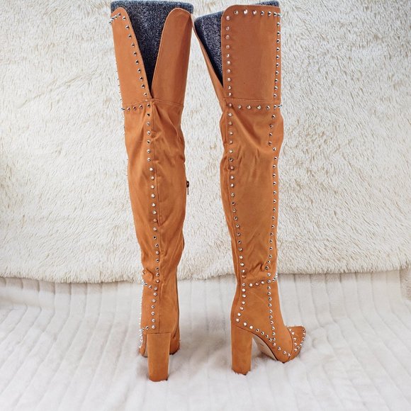 Pazzle | Shoes | Steph Camel Tan Suede Studded Chunky Heel Thigh High ...